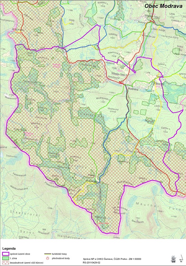 Mapa správního obce Modrava s vyznačenými základními turisticky ...